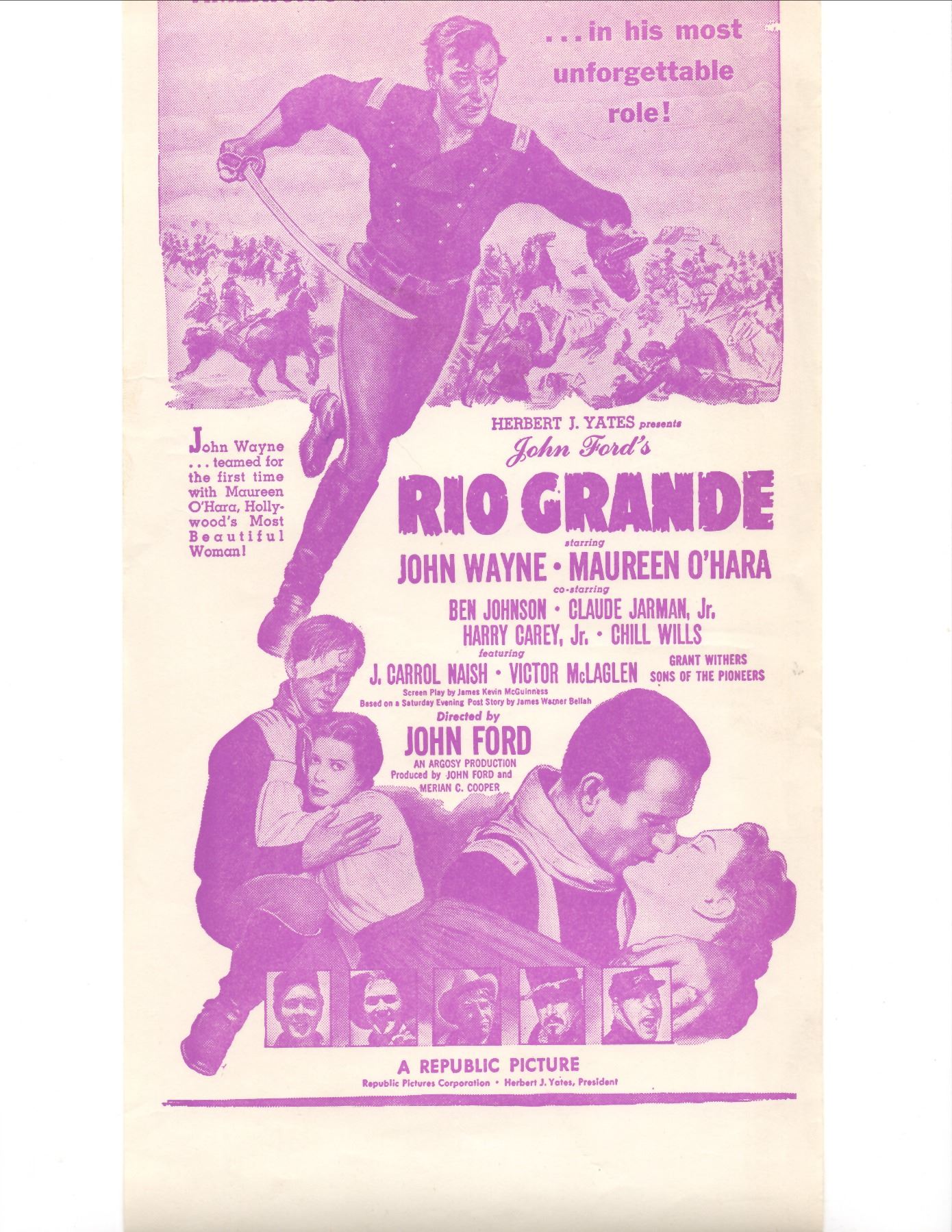 Vintage 1950 Rio Grande John Wayne Movie Theatre Advertisement 12" x 7"