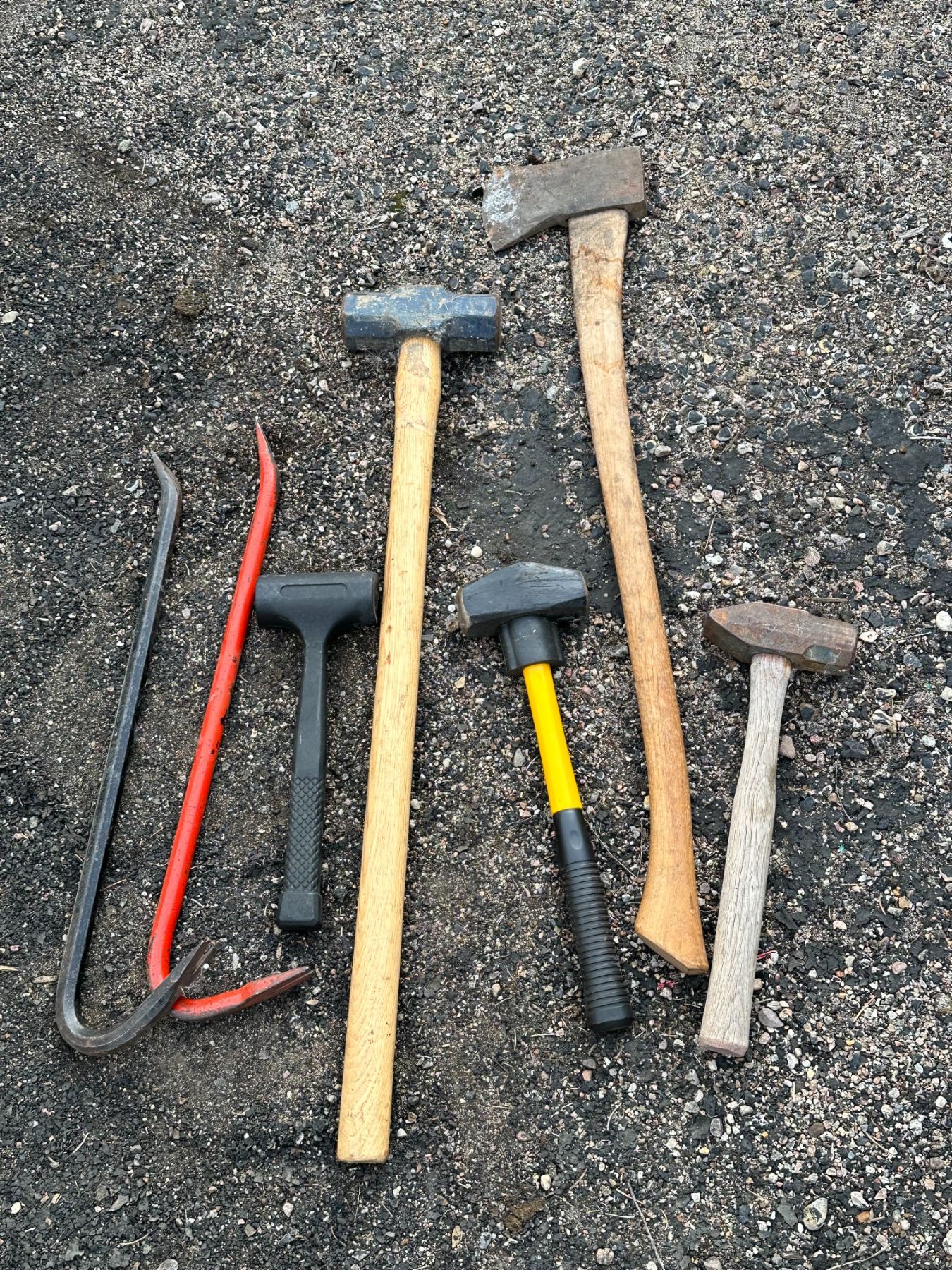 Lot of Pry Bars, Sledge Hammer, Hammers, Axe