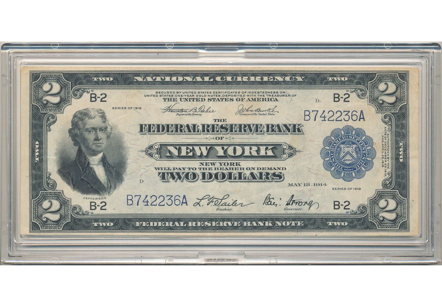Rare 1918 The Federal Reserve Bank Of New York $2 Note
