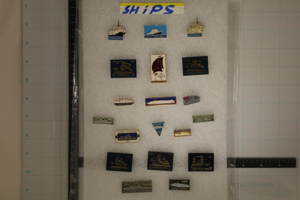 19-RUSSIAN SHIP THEMED PINS, MOSTLY COLORIZED