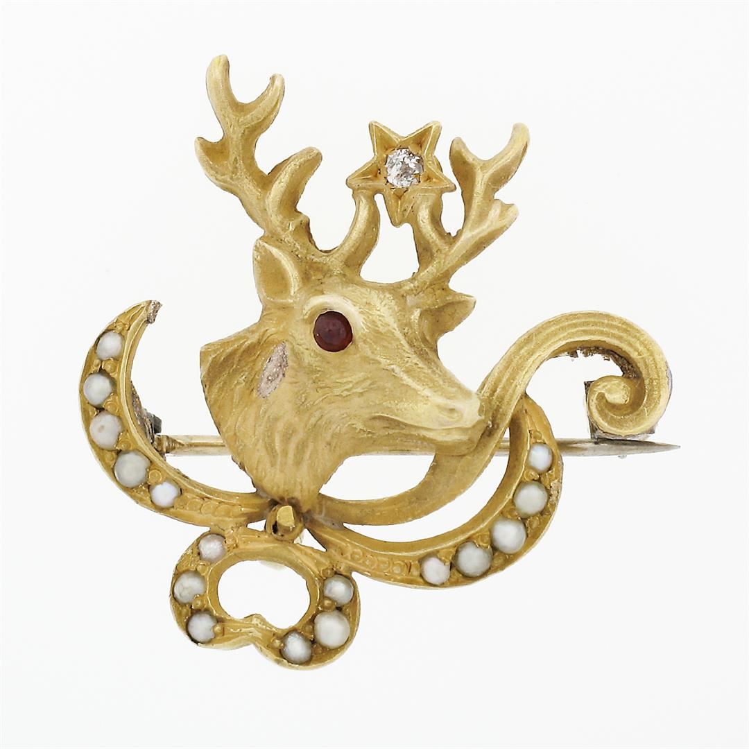 Antique Victorian 10k Gold Diamond Ruby & Seed Pearl Elk Textured ...