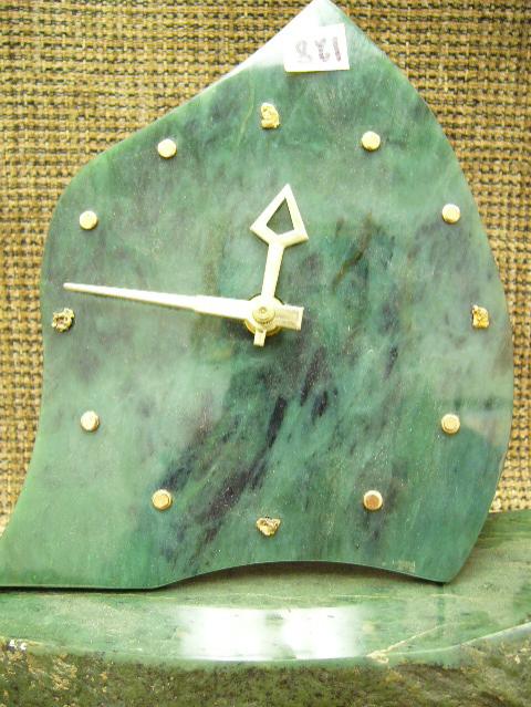 Fabulous Alaskan Jade clock with gold nuggets, 11" tall (3)