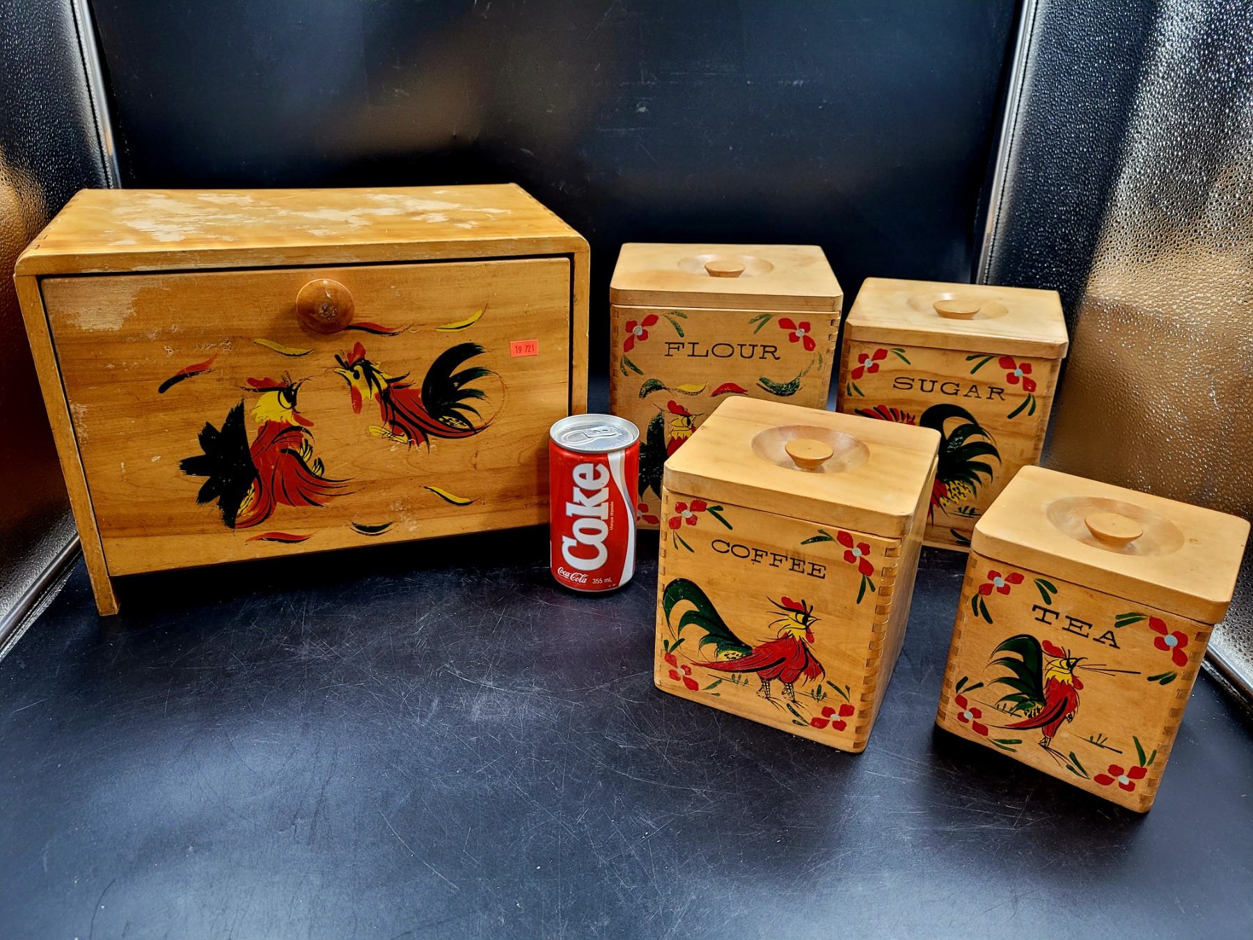 Vintage Wooden Rooster Kitchen Cannisters and Bread Box