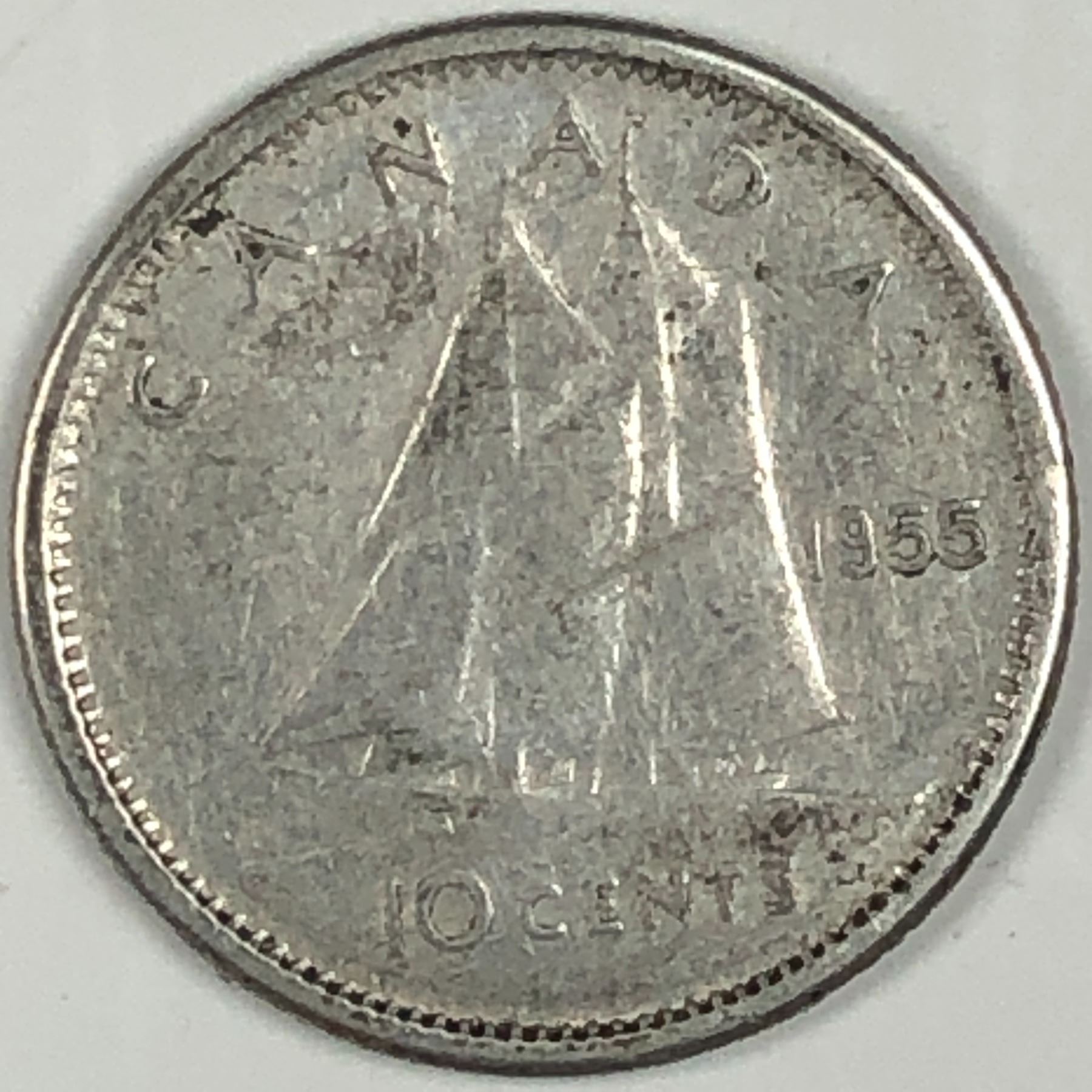 Canadian .10 Cent Dime 1955 toned