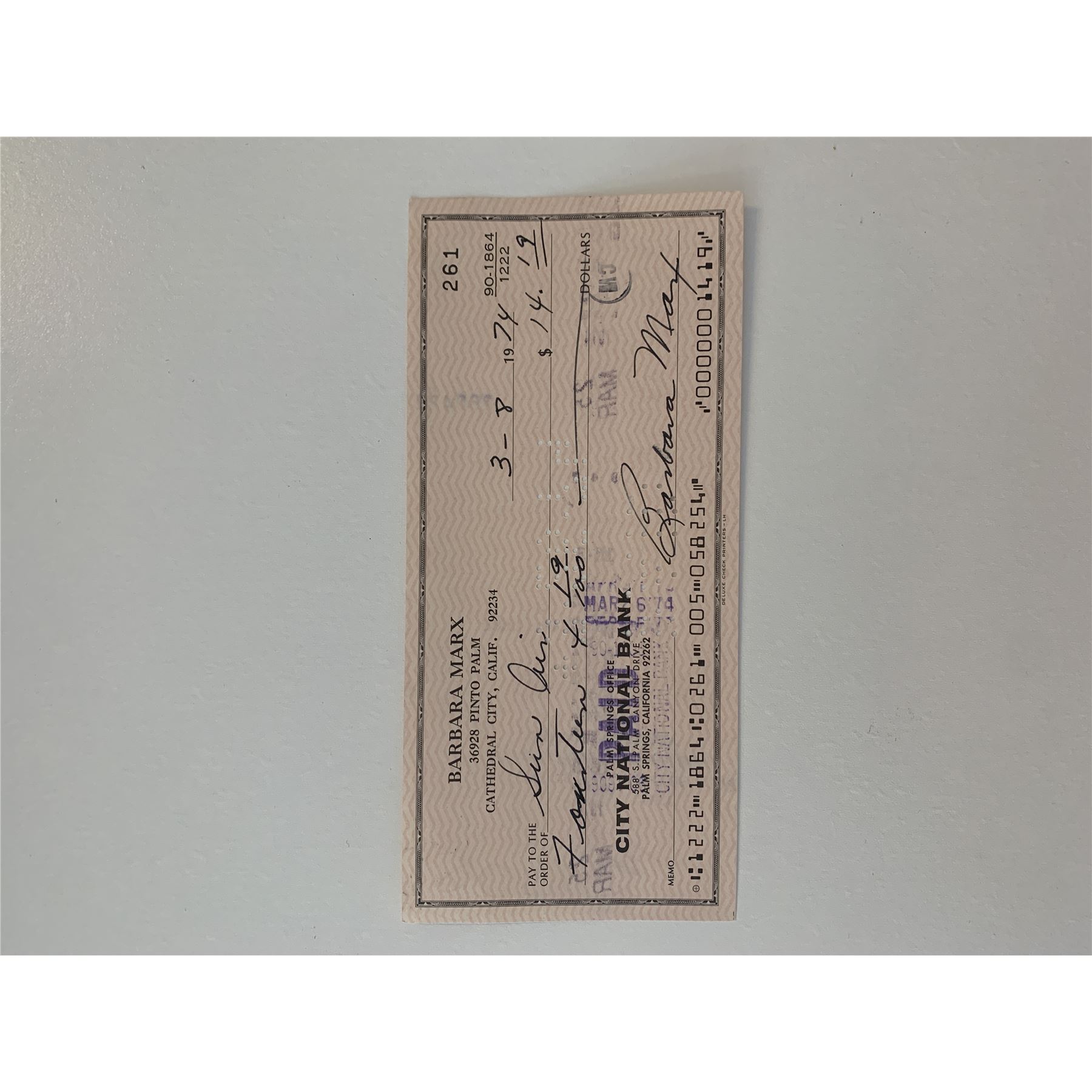 Barbara Marx signed check