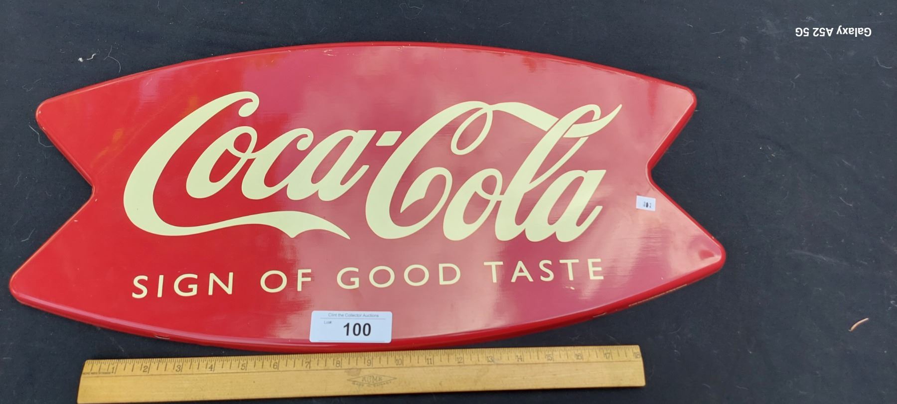 Vintage metal Coca-Cola fishtail sign, dated 1996, 26"x12"
