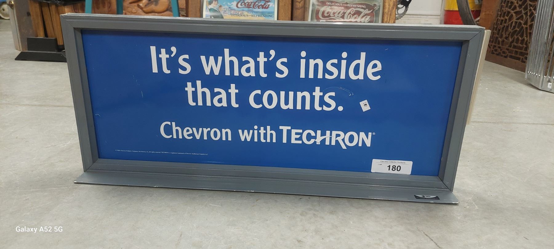 Tin gas pump topper sign w/metal frame, Chevron (approx 24x10in)