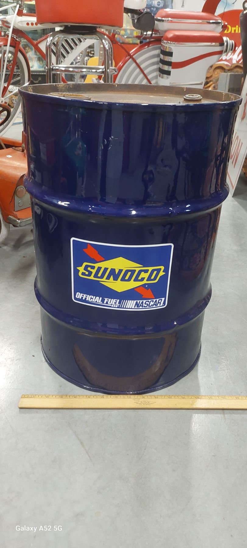 Restored Sunoco gasoline barrel, 10gallon can