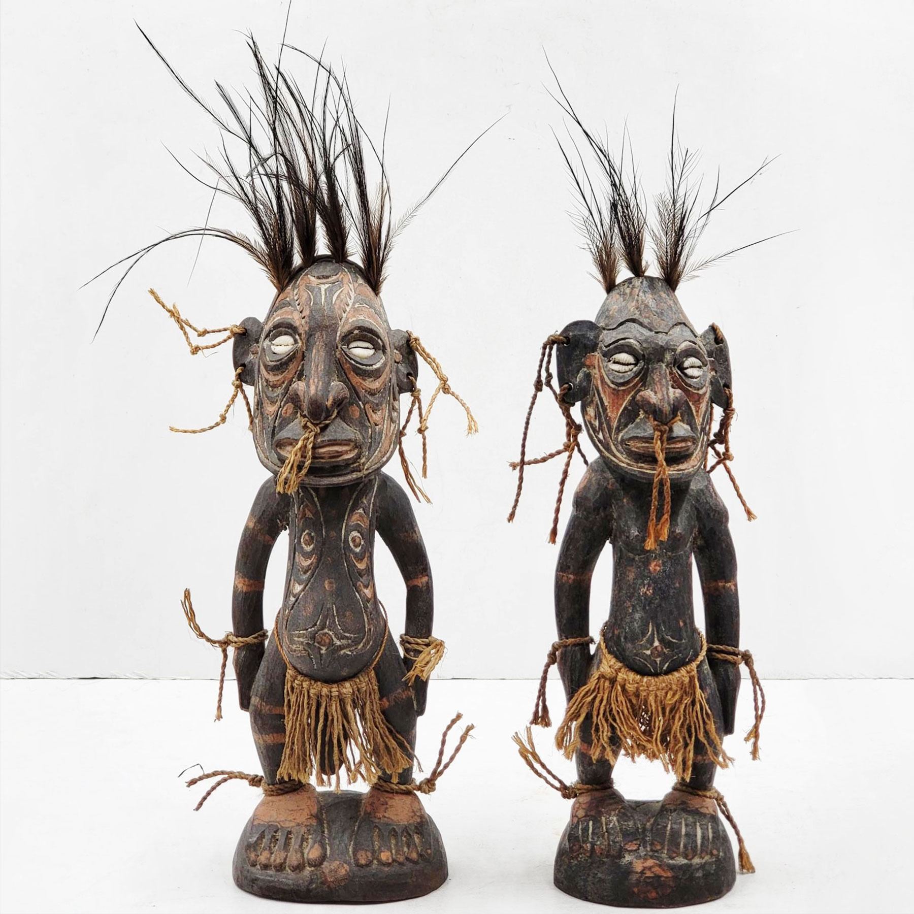 Pair Of Wood Carved Papua New Guinea Male & Female Ancestor Figures
