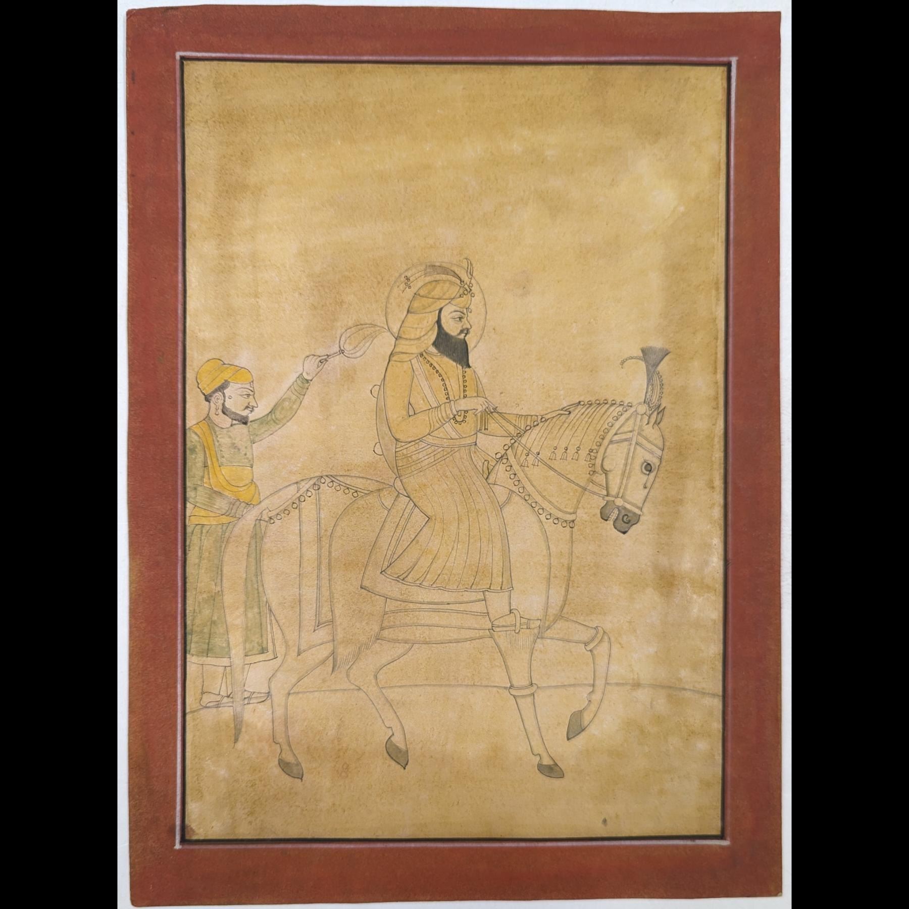 Indian Pahari School Miniature Painting Of A Sikh Maharajah On Horseback