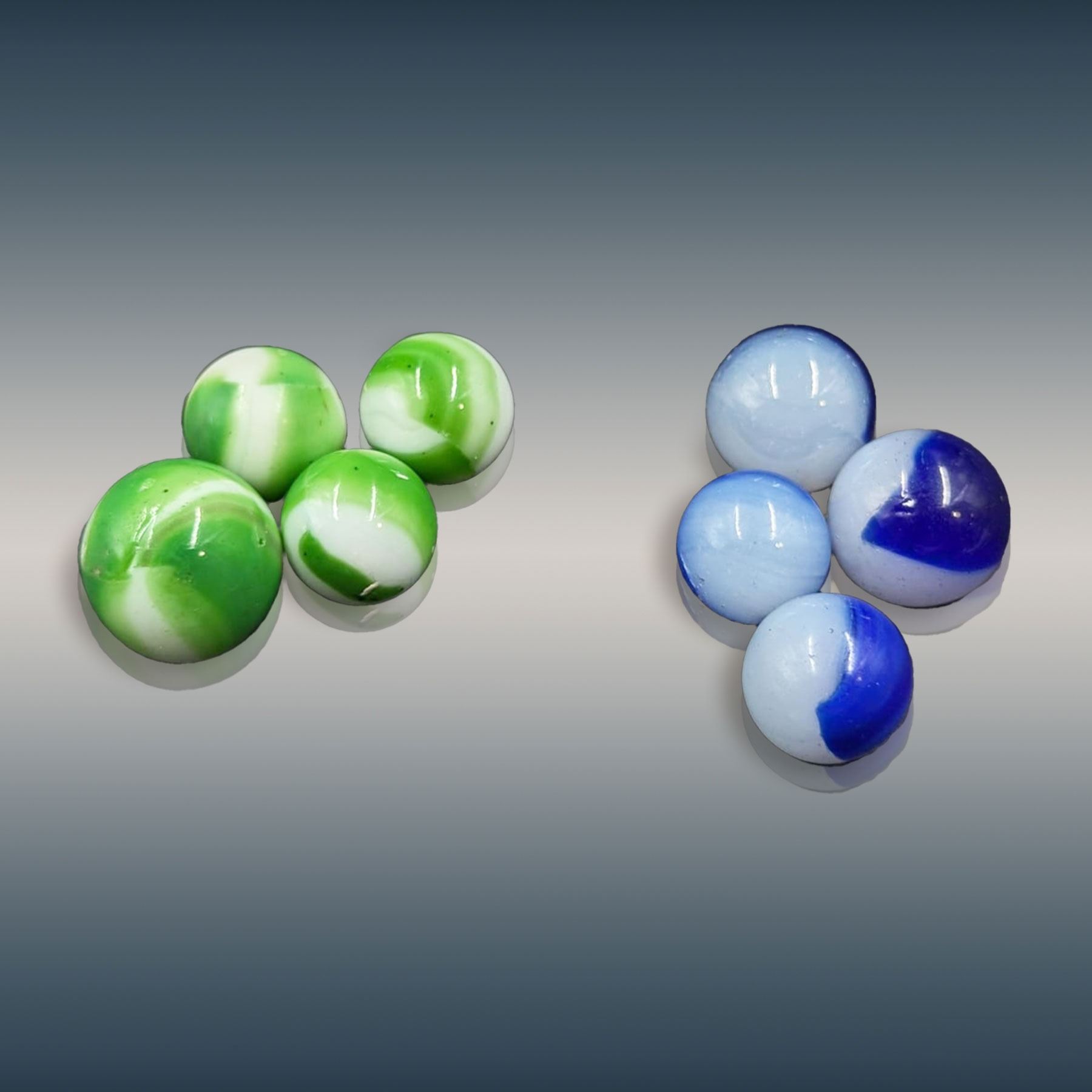 Marbles: Four Blue Peltiers Marbles And Four Green Patch And Ribbon Marbles