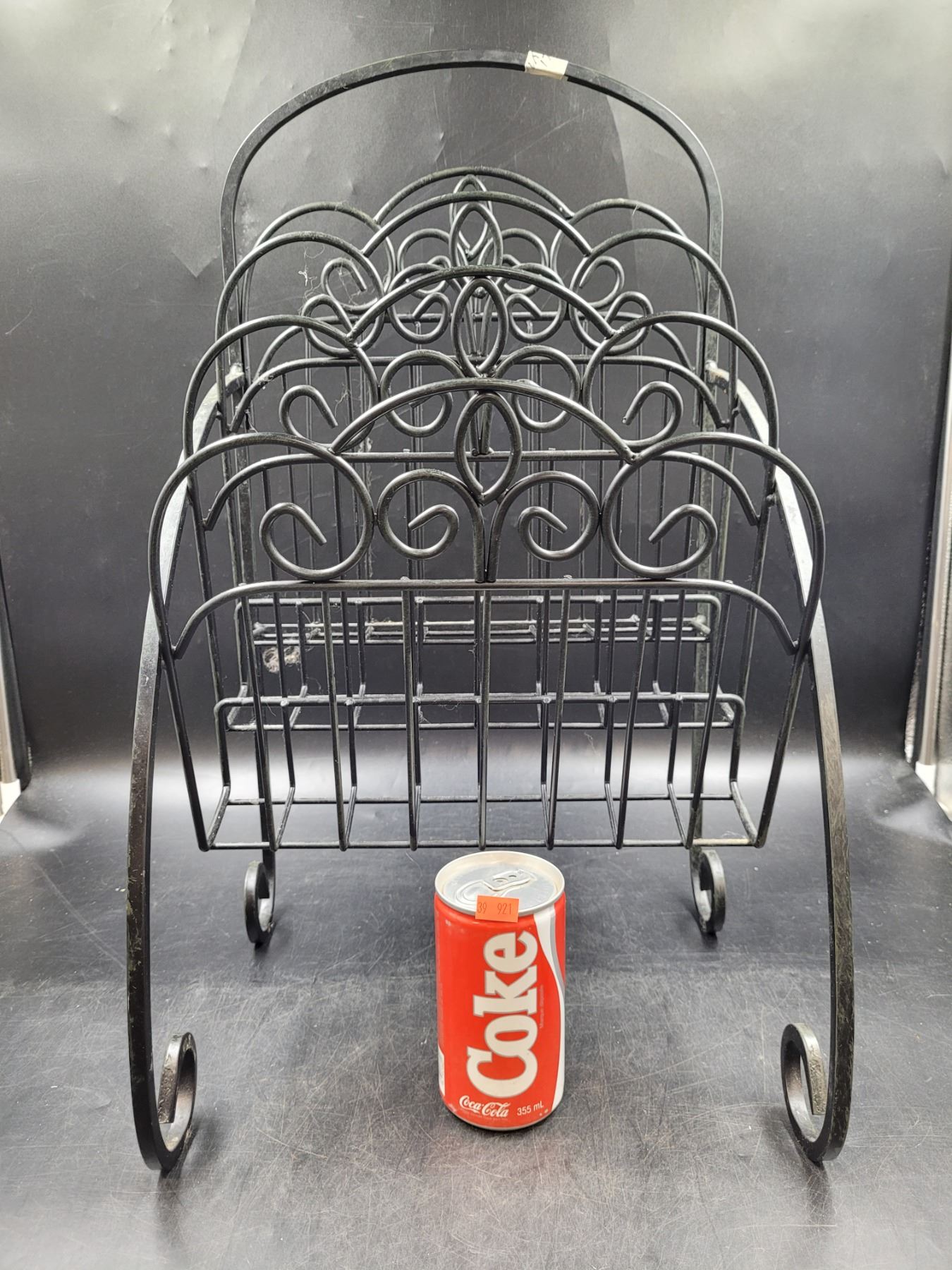 Vintage 1970 Scrolled Black Wrought Iron 3-Tier Magazine Rack