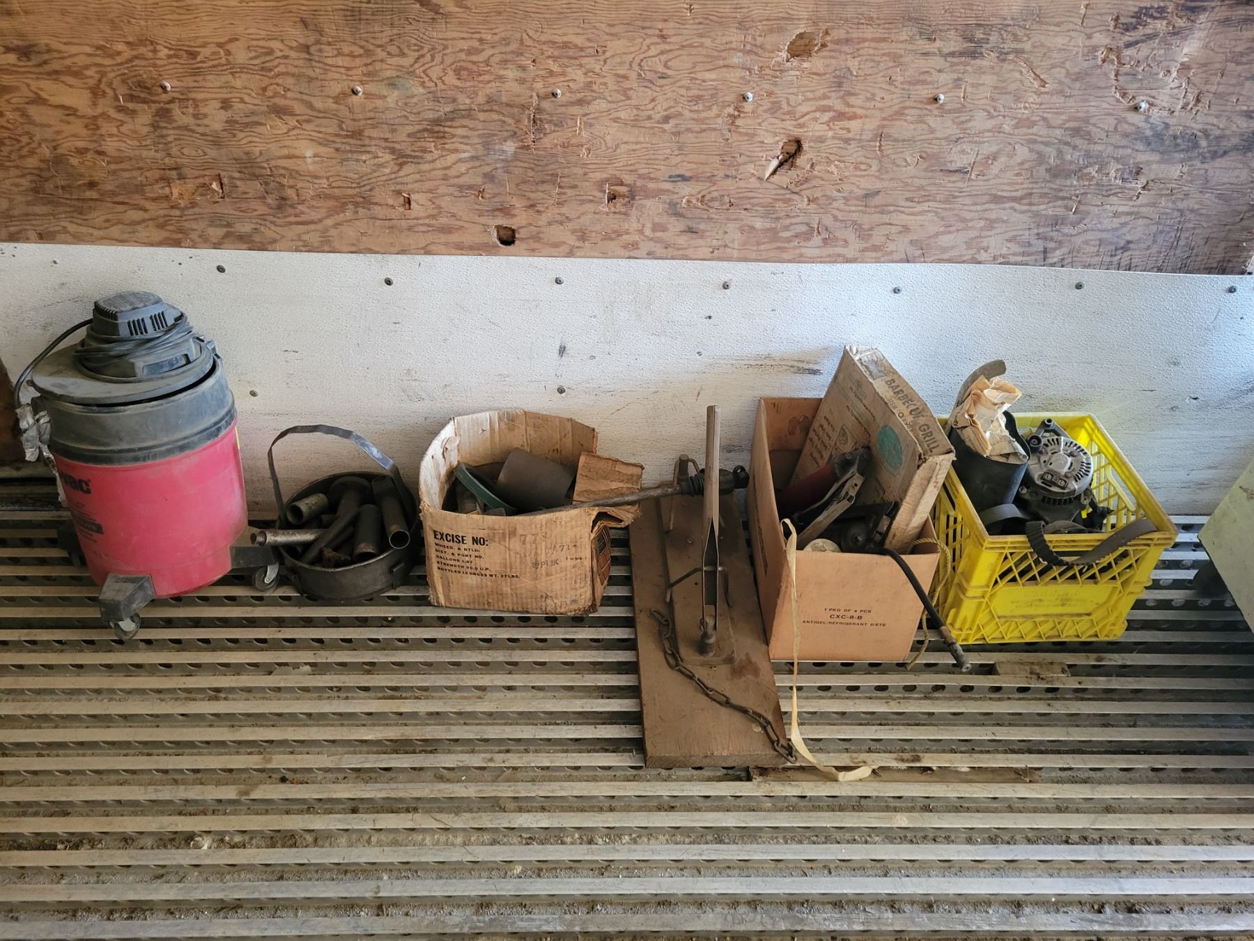 Sand bag, shop vac., starter, misc. wiring, grease guns, BBQ grill & metal