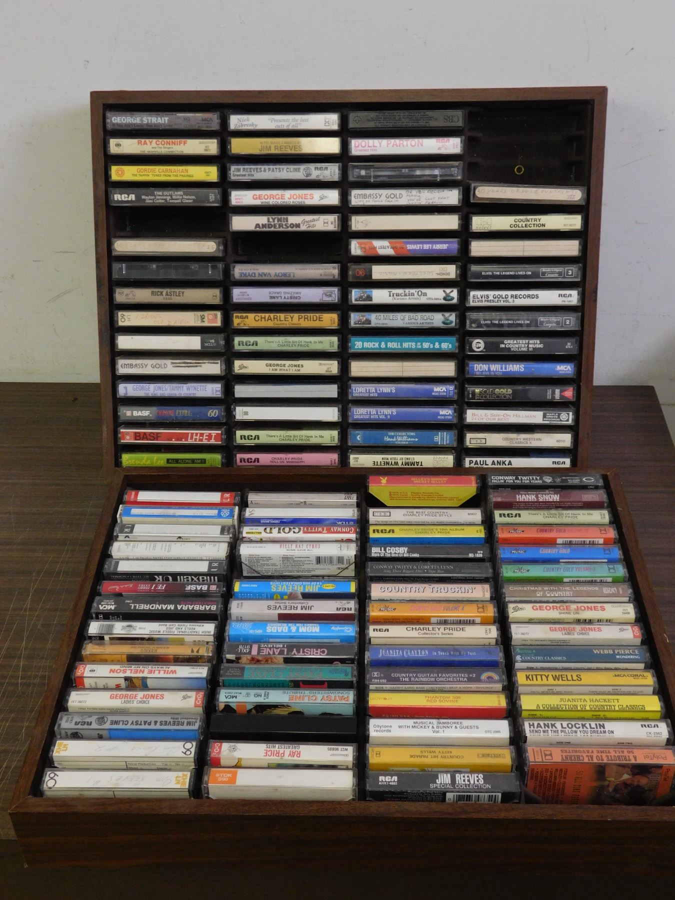 100+ Cassette Tapes Mostly Country in 2 60-Slot Wooden Holders