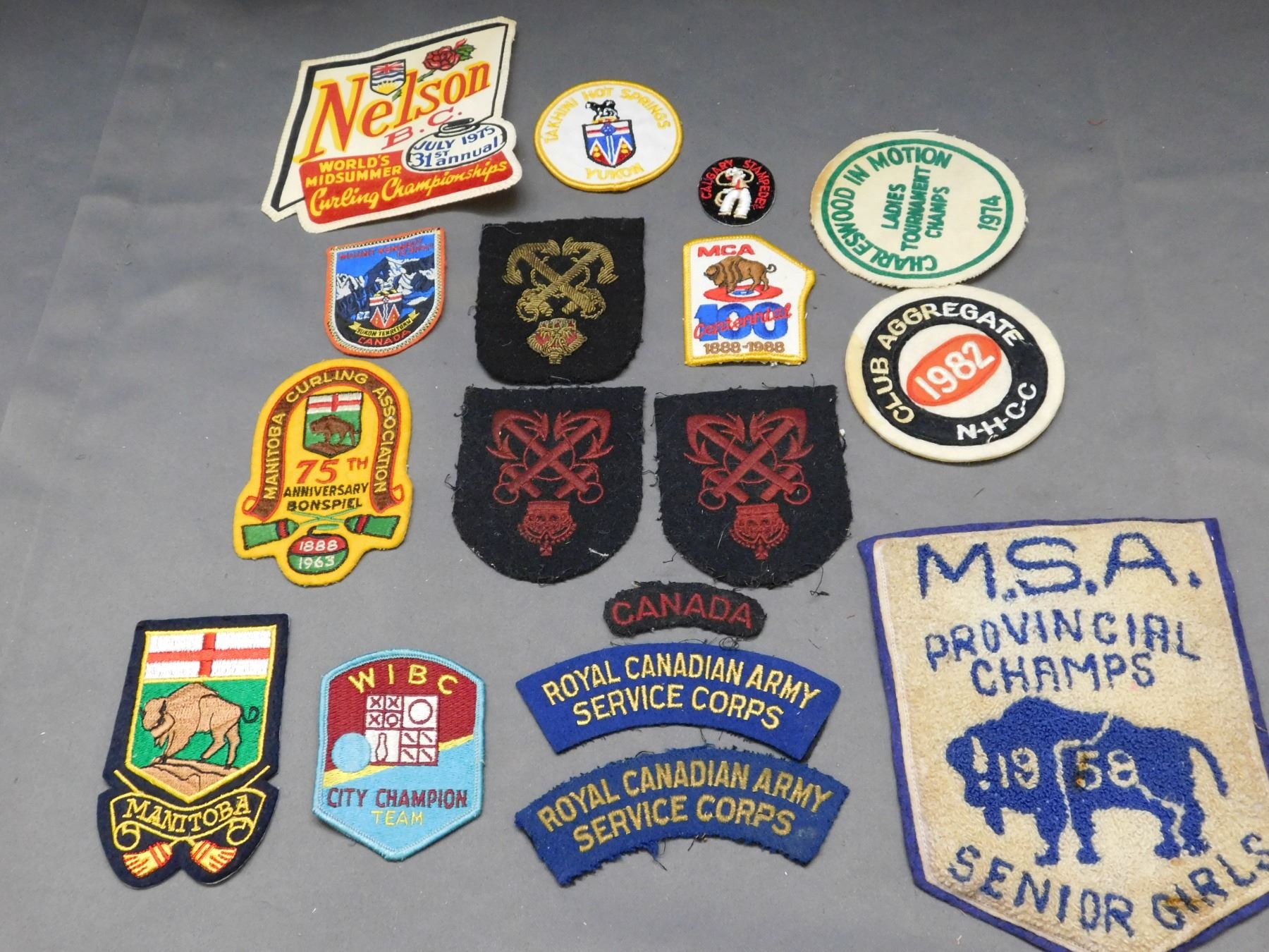 17 Assorted Patches Army, Curling, 1958 MSA Manitoba Soccer, Etc