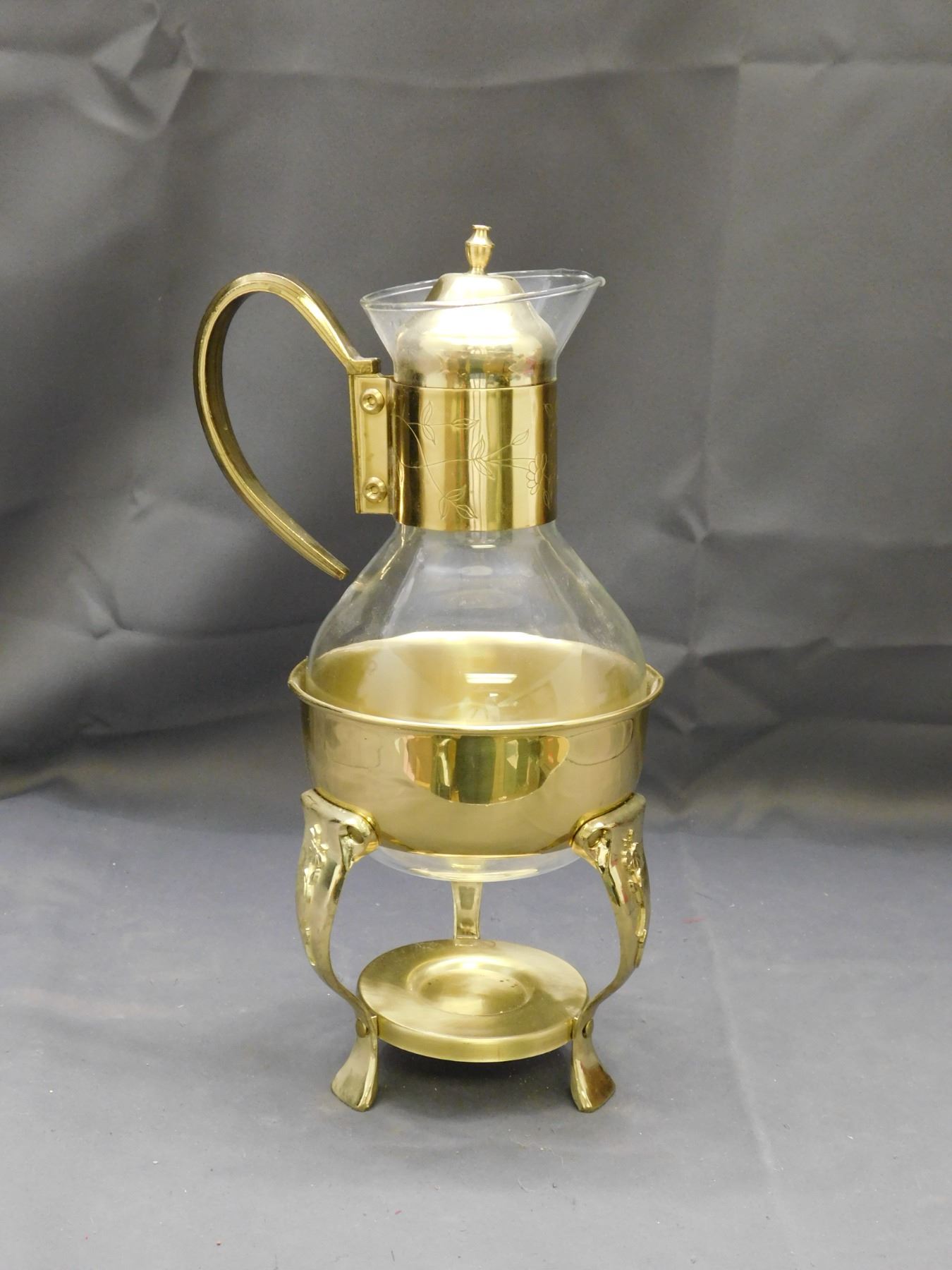 Glass Coffee Carafe Gold Tone Metal Band, Pitcher with Metal Warming Base