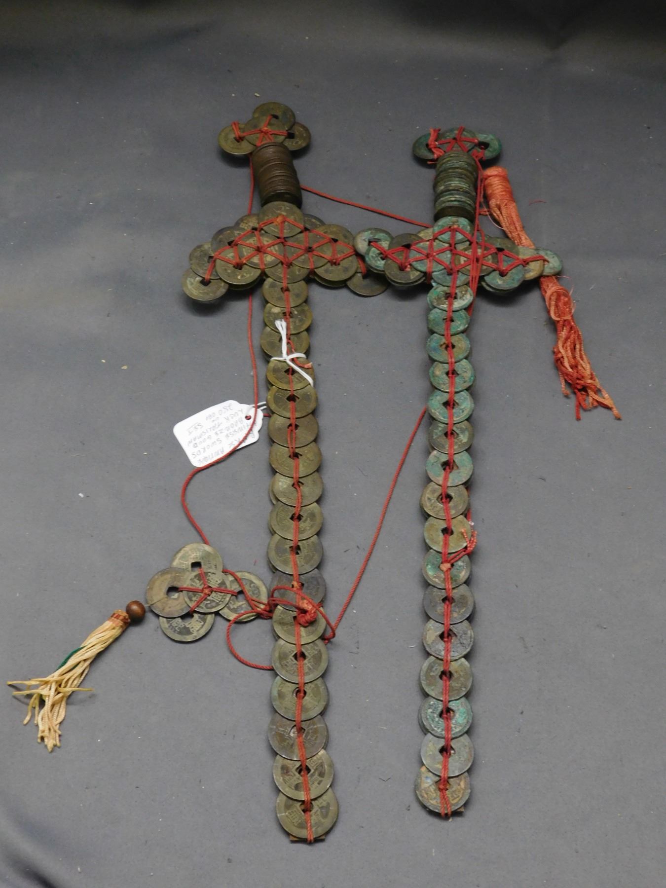 Rare Antique Bronze Chinese Coin Swords. Good Luck Trails-man