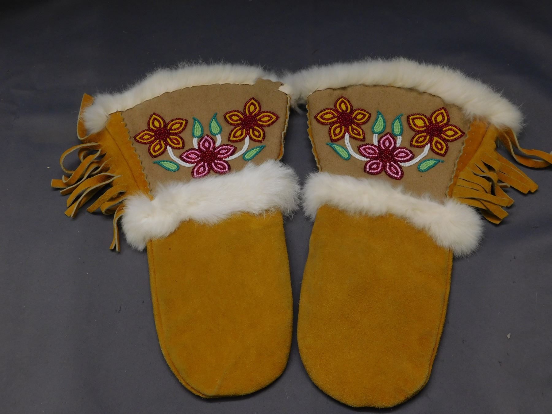 Leather and Animal Fur Beaded Indigenous Mitts Mittens Gauntlets Gloves