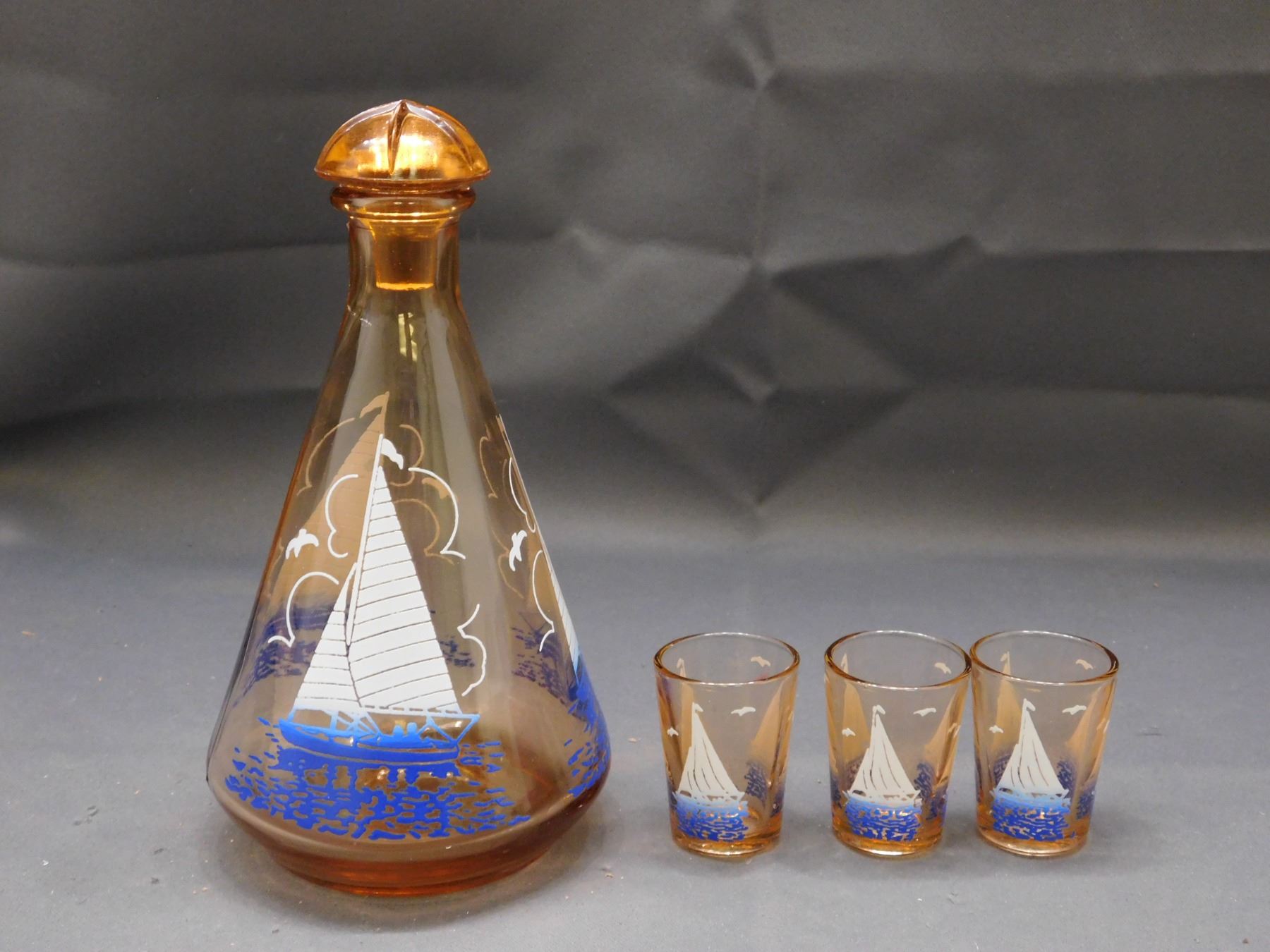 Lot of Glass Small Ship Nautical Hand Painted Decanter and 3 Shot Glasses