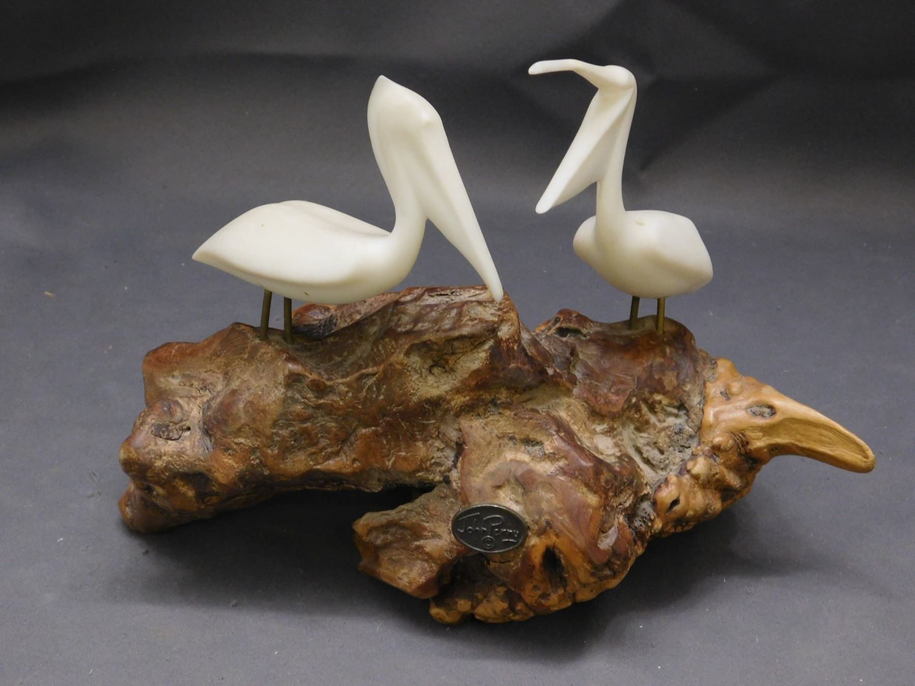 John Perry Pelican Sculpture Signed Burlwood Driftwood Base Vintage