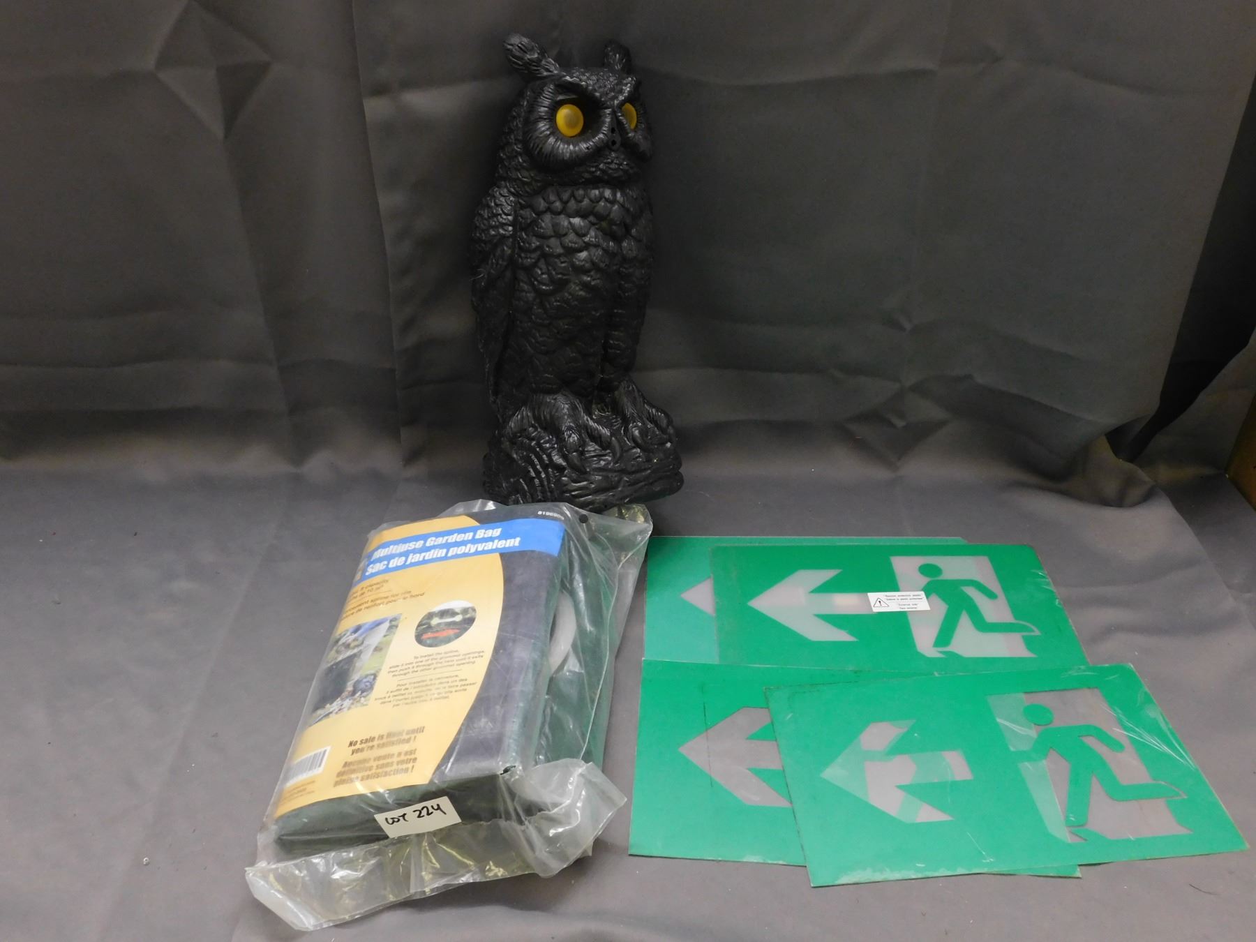 Multi-Use Garden Bag, Exit Signs, Plastic Owl