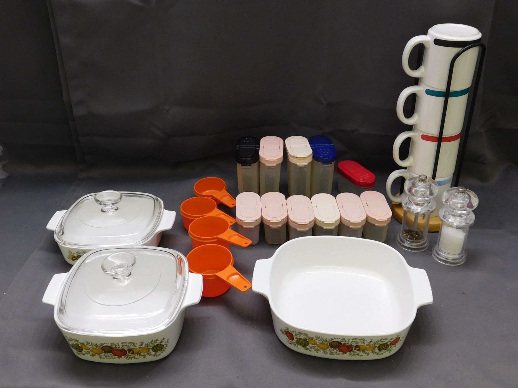 Vintage Kitchen Containers Spice Canisters, Mugs w Stand, Measuring ...