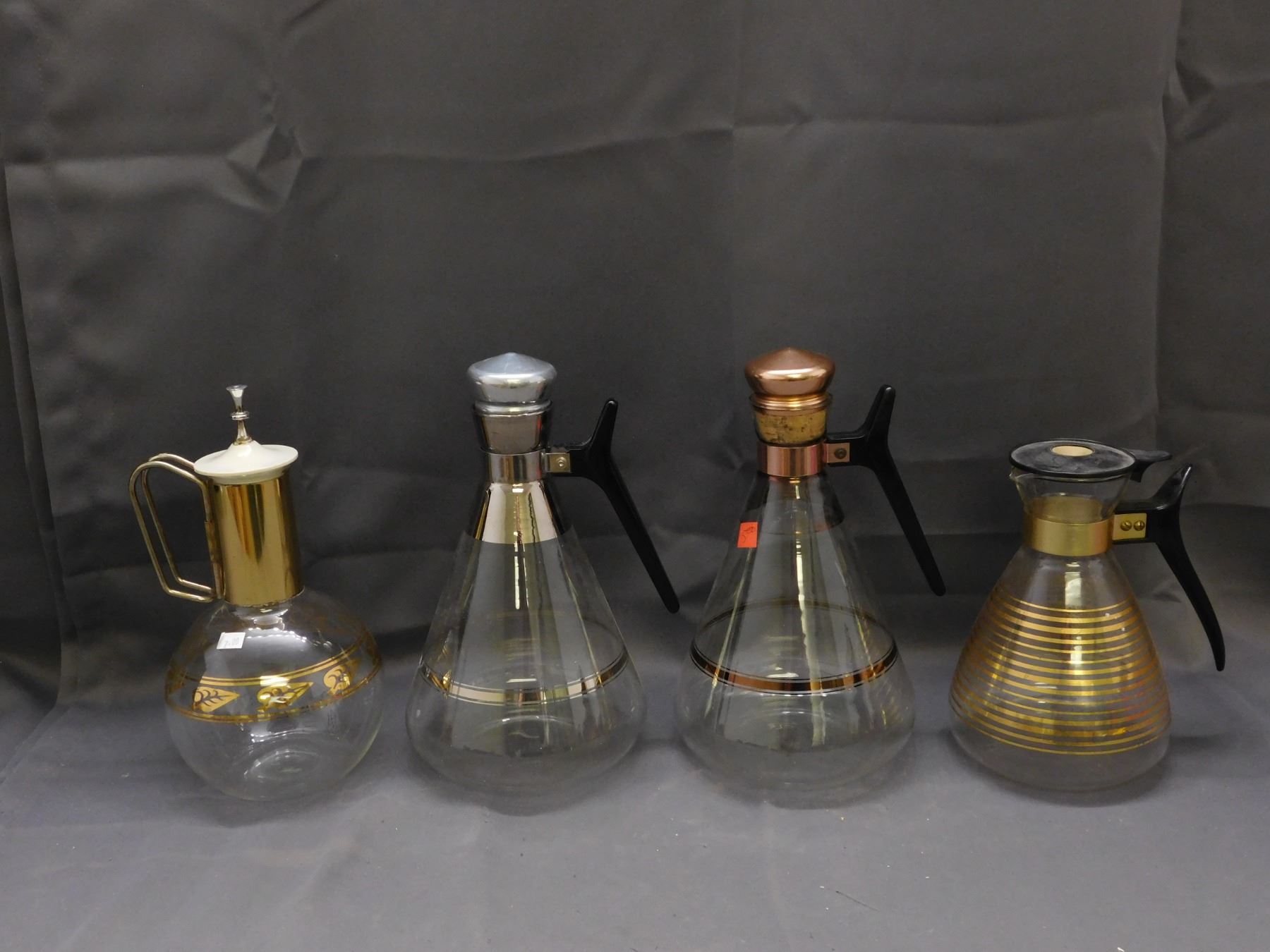 Lot of 4 Vintage MCM Glass Coffee Carafes Pots Silver, Gold Tone Rims ...