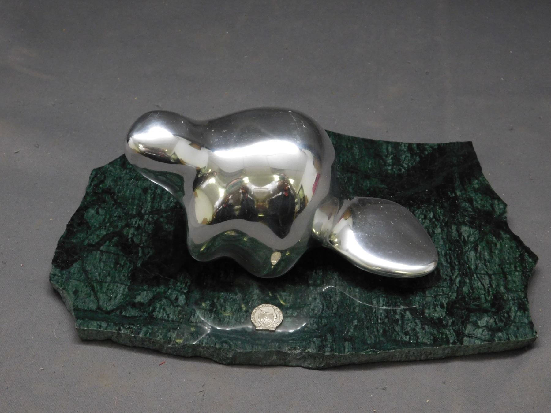 Canadian Pacific Railway Metal Chrome Beaver Figurine on Stone Slab