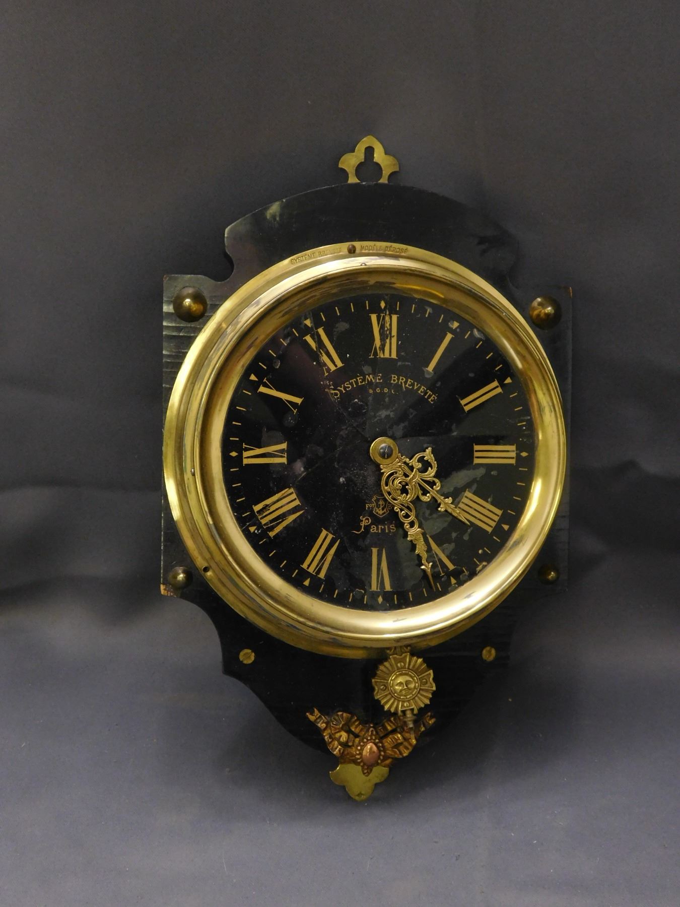 Antique French Systeme Brevete Paris Wall Clock Black and Gold *as is*