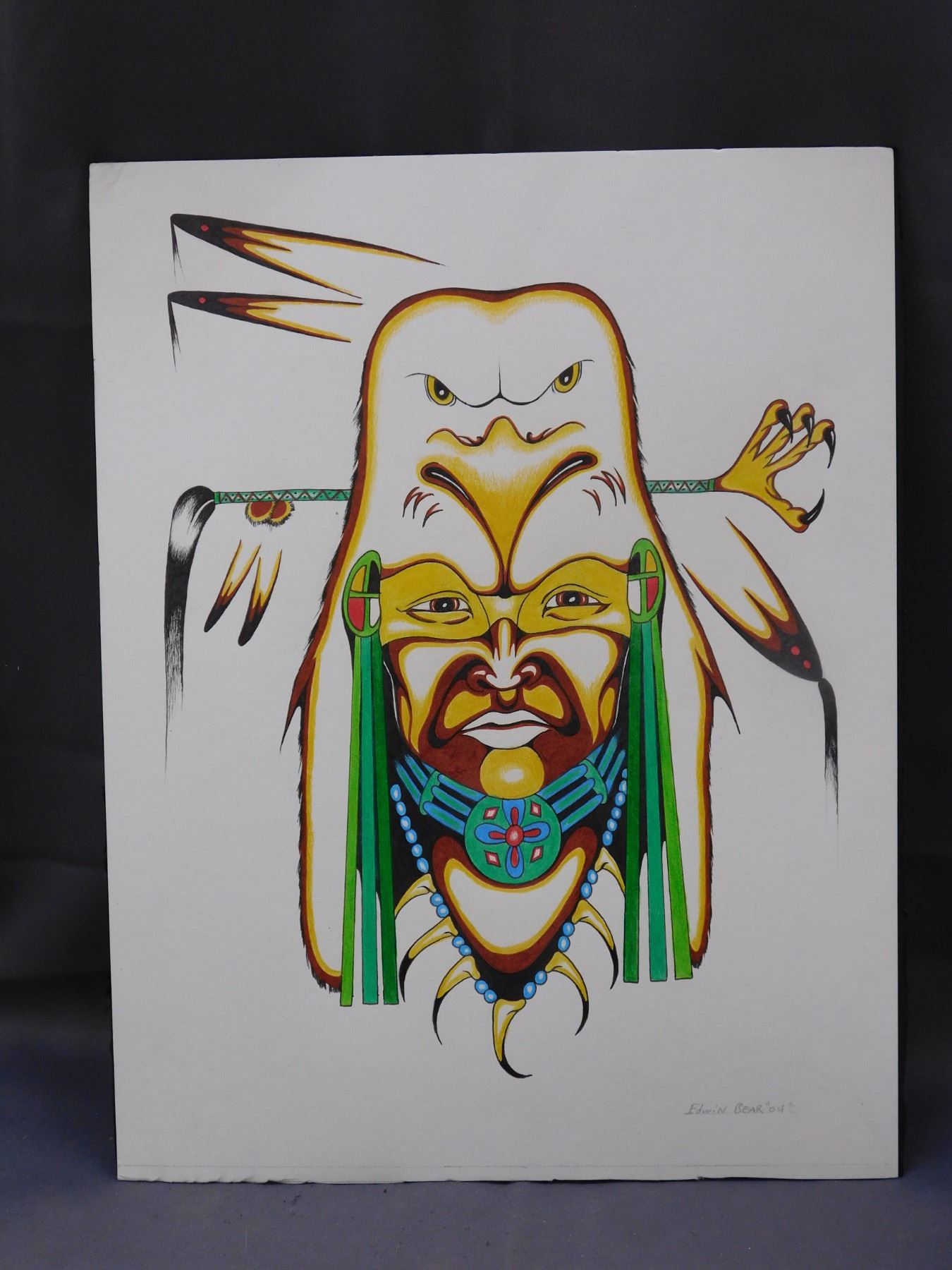 Edwin Bear 04 Original Indigenous Ink Mixed Media Artwork Man and Eagle ...