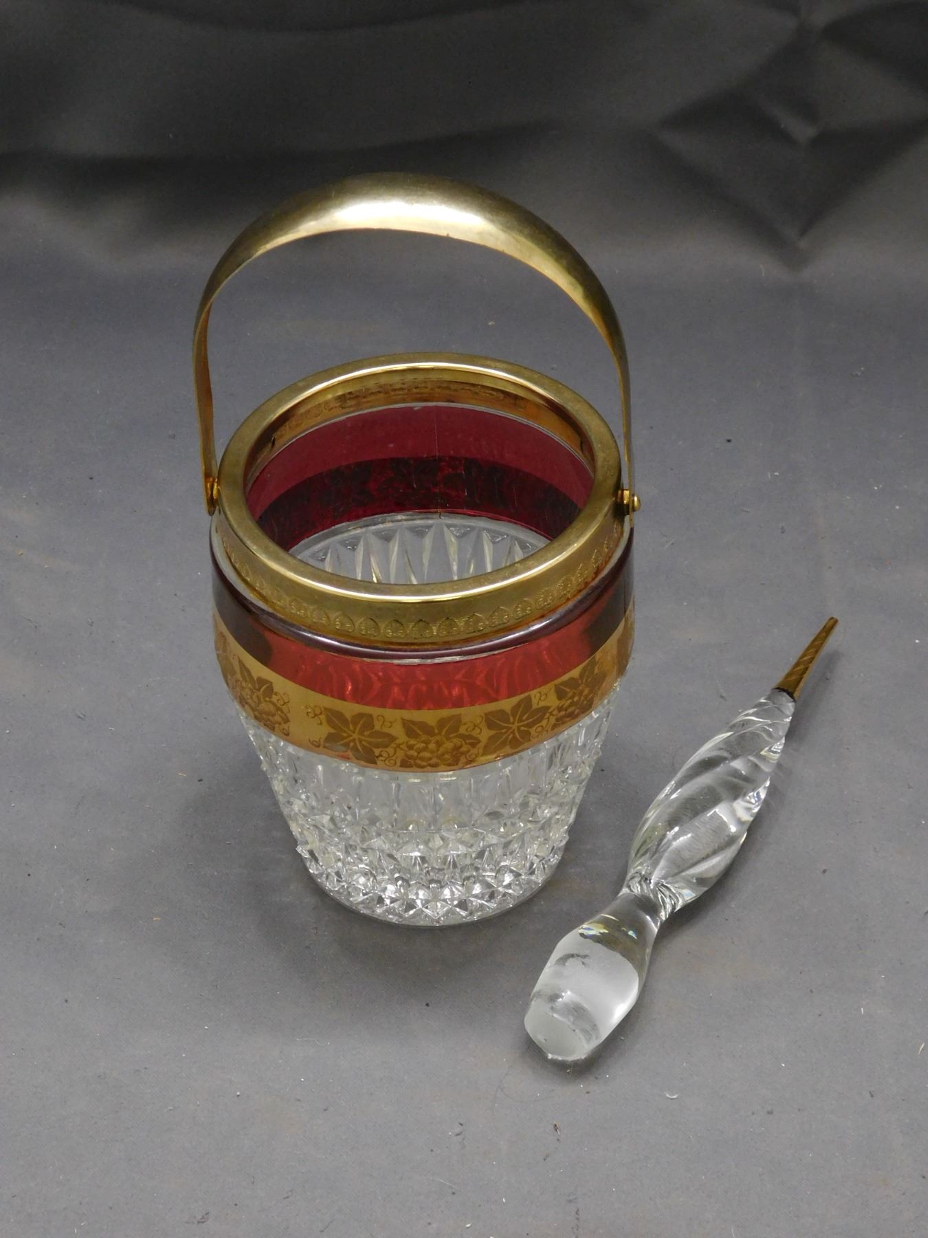 Glass Cranberry Ice Bucket and Decanter Stopper Gold Trim Detail