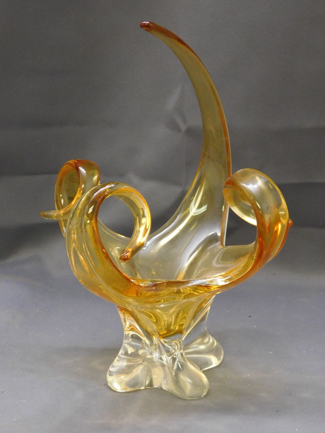Vintage MCM Chalet Art Glass Blown Glass Amber Tone Centerpiece Decor