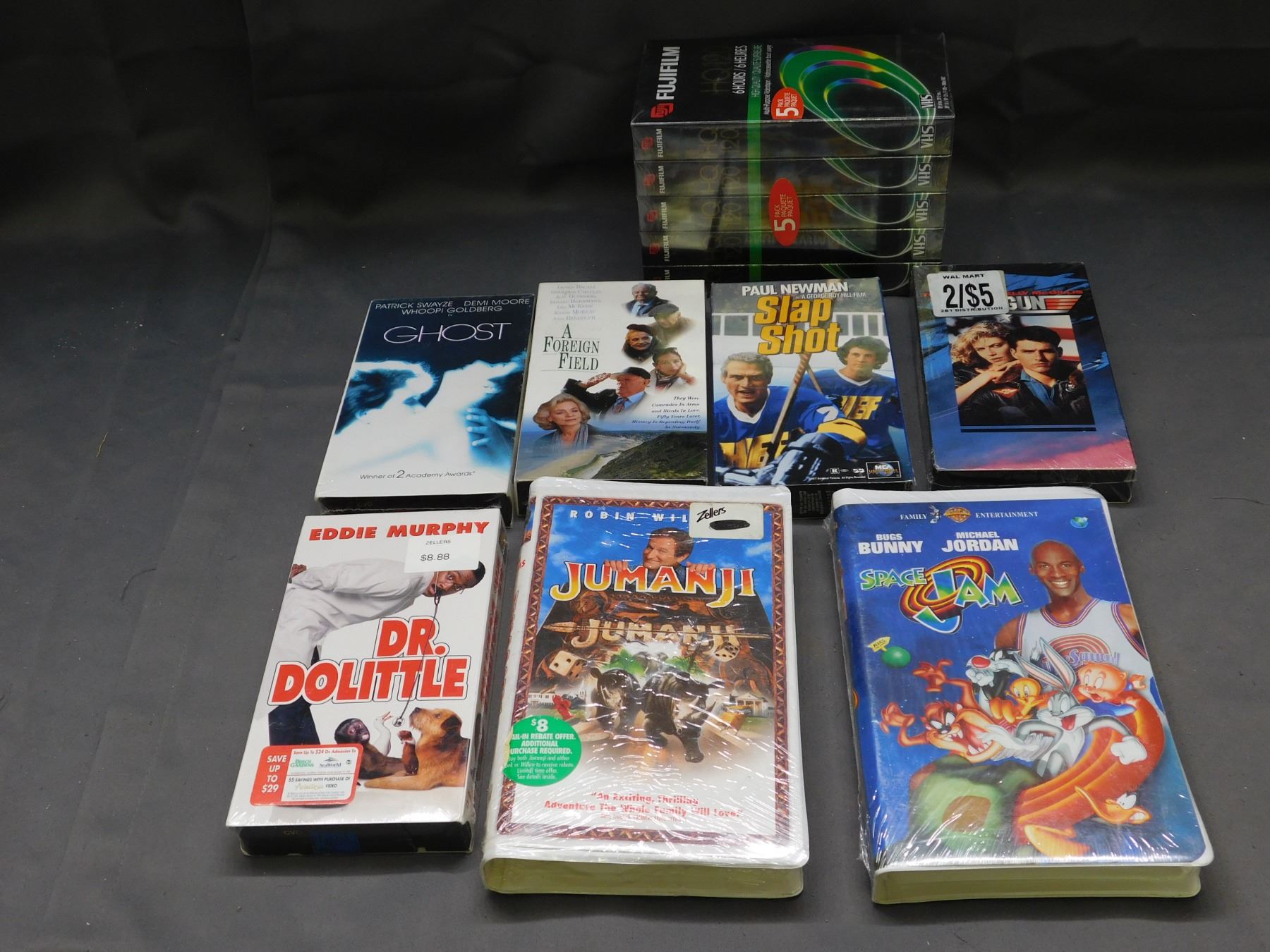 Lot of 7 SEALED VHS Tapes Ghost, Slap Shot, Top Gun, Space Jam, Etc ...