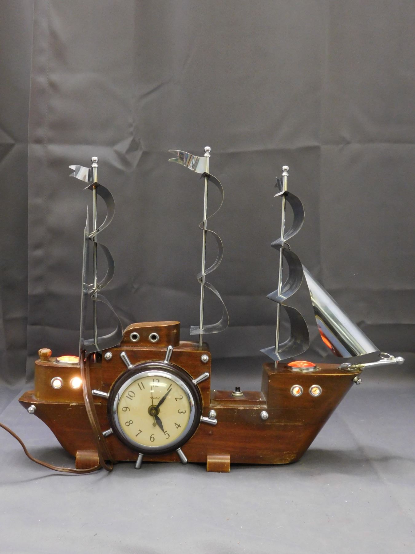 Vintage 1950s Ship Mantle Clock with Lights, Metal Art Sails