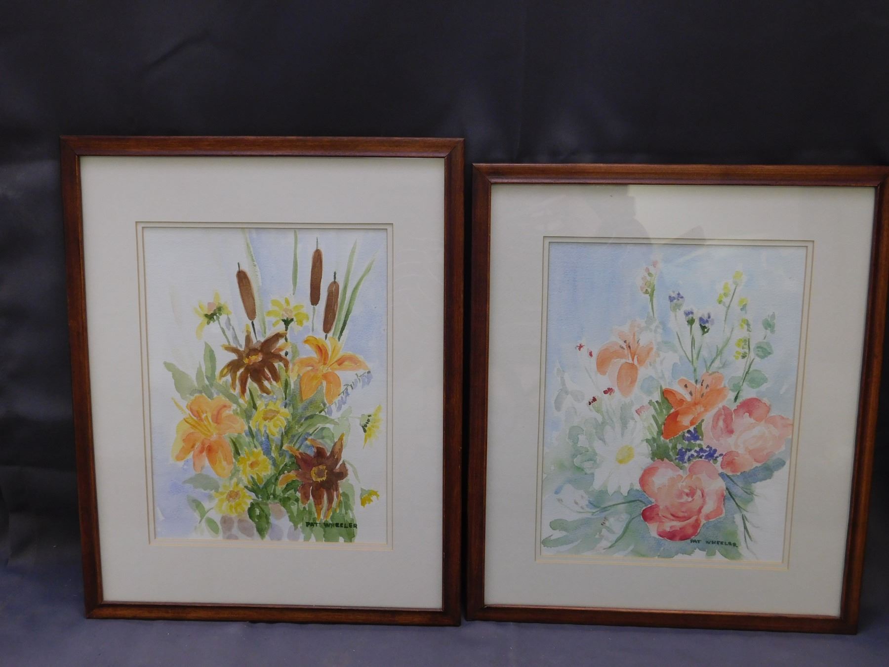 Pair of Original Watercolour Paintings Artist Signed Pat Wheeler Flowers