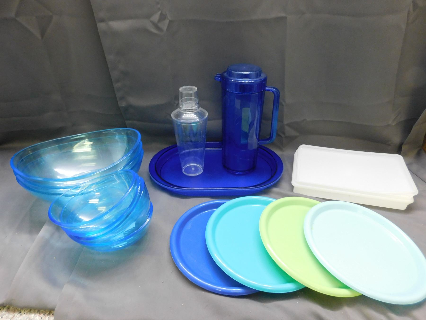 Blue Plastic Oval Serving Bowls, Pitcher, Tray, Cocktail Shaker, Plates ...