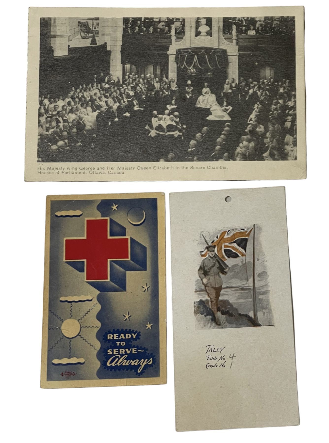 Geo VI in Senate Postcard and Red Cross Calendar Bridge Tally Card