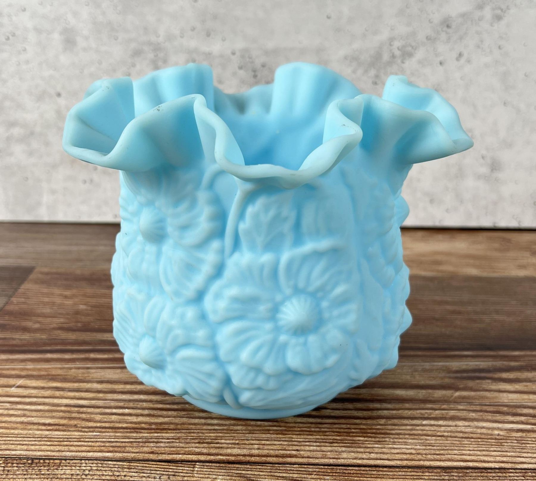 Fenton Blue Satin Glass Poppy Ruffled Vase