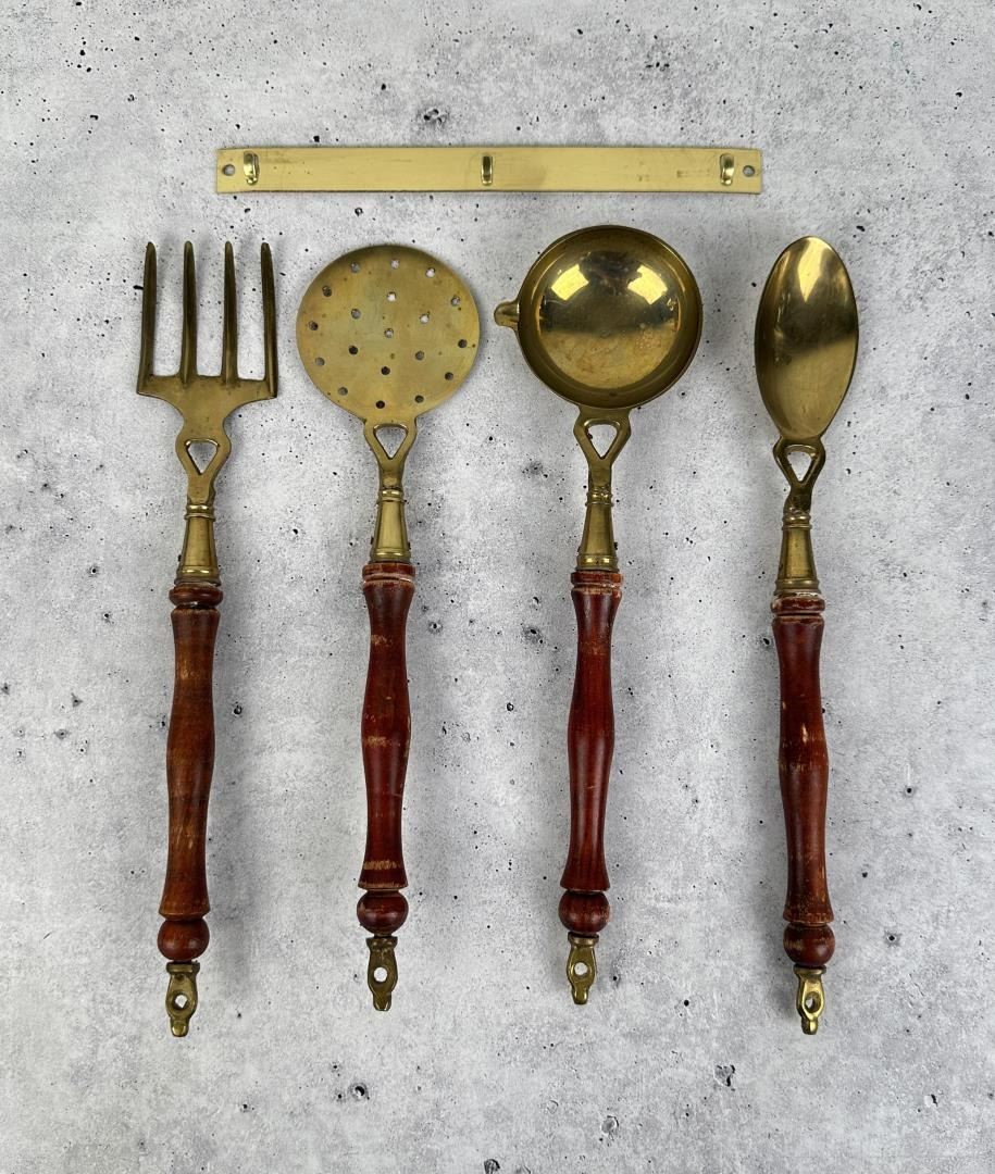 Brass & Wood Kitchen Utensil Set