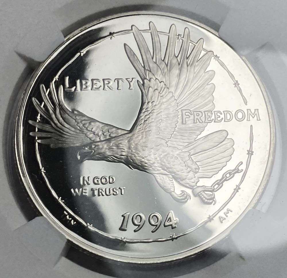 Mint Error 1994-P Pow Museum Silver Dollar NGC PF68 UC Finned Rim