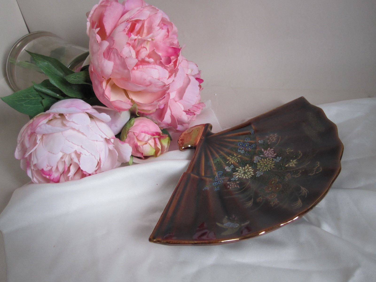 Vintage Cloisonne porcelain fan tray, Peony and birds Japan, brown fan ...