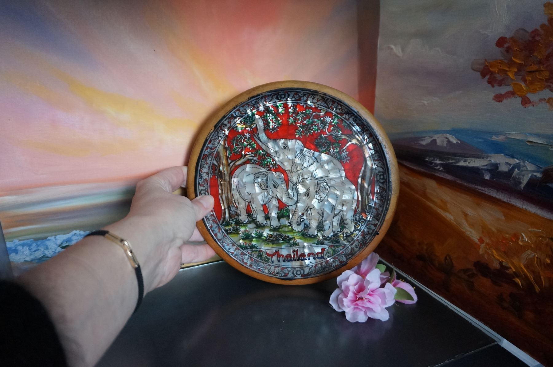 Vintage abalone tray, abalone inlayd Siam elephant, wall plate, wood ...