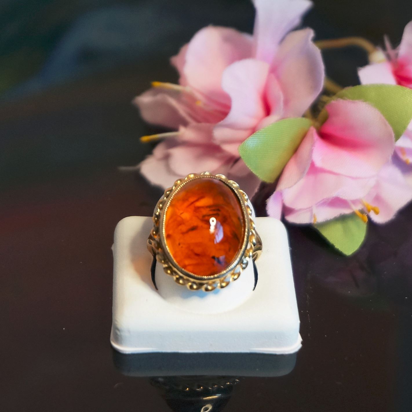 Mid Century 50s gold amber ring, extra large single stone amber ring ...