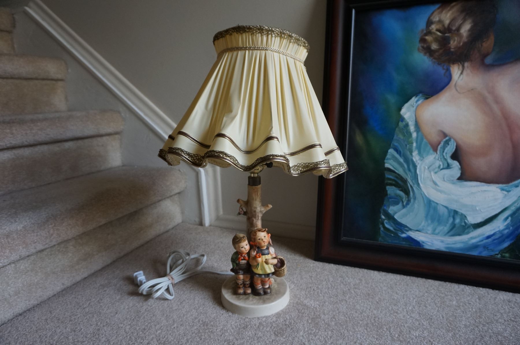 1950s /60s Signed Hummel Figurine Table Lamps Boy and Girl Under Apple Tree
