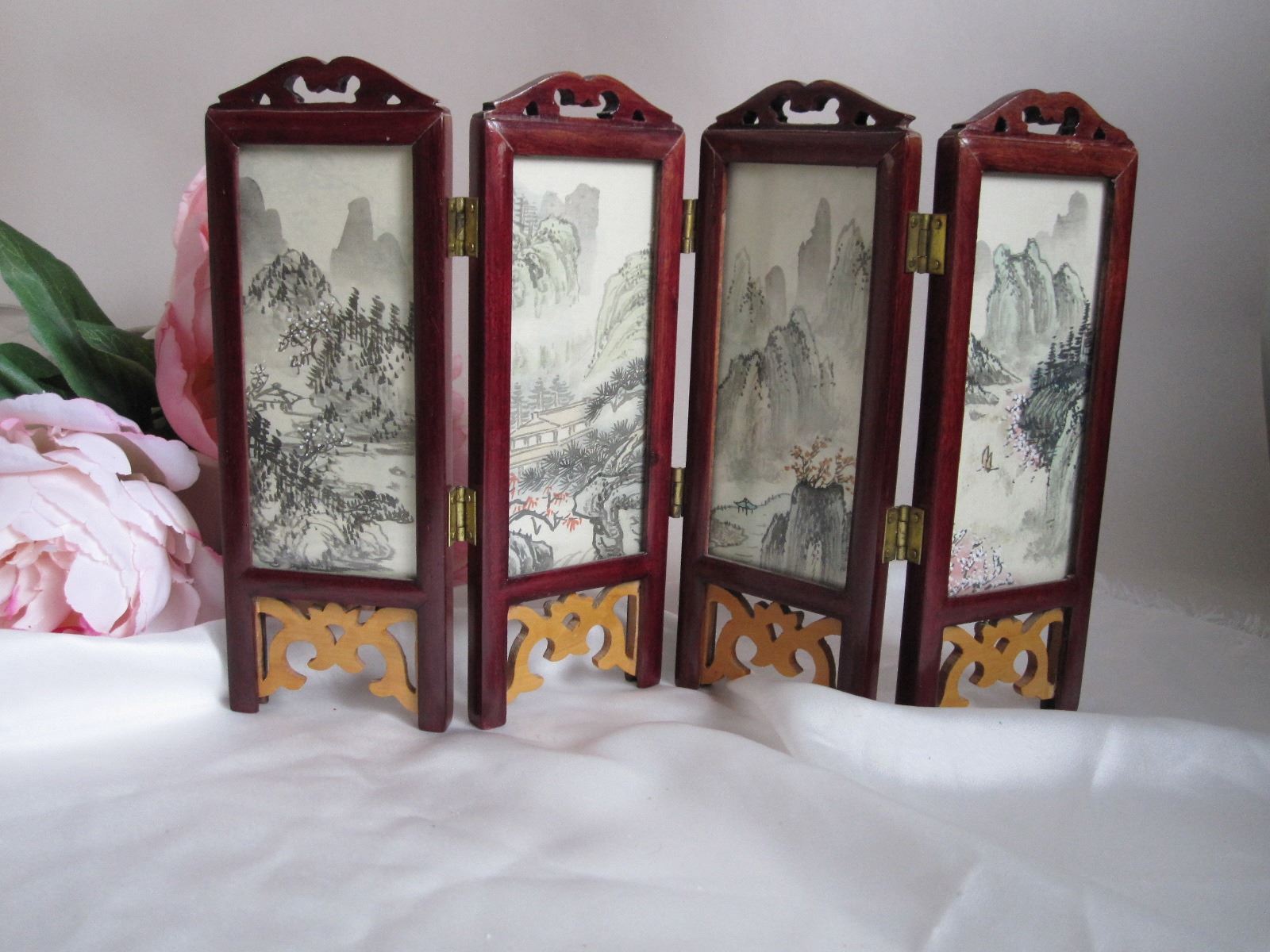 Vintage Chinese Silk Screen, table decor, Birds, flowers, Landscape ...