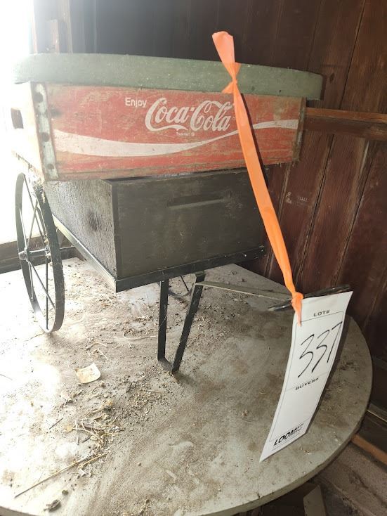 Metal/wood cart, vintage coke crates, with wheel lot
