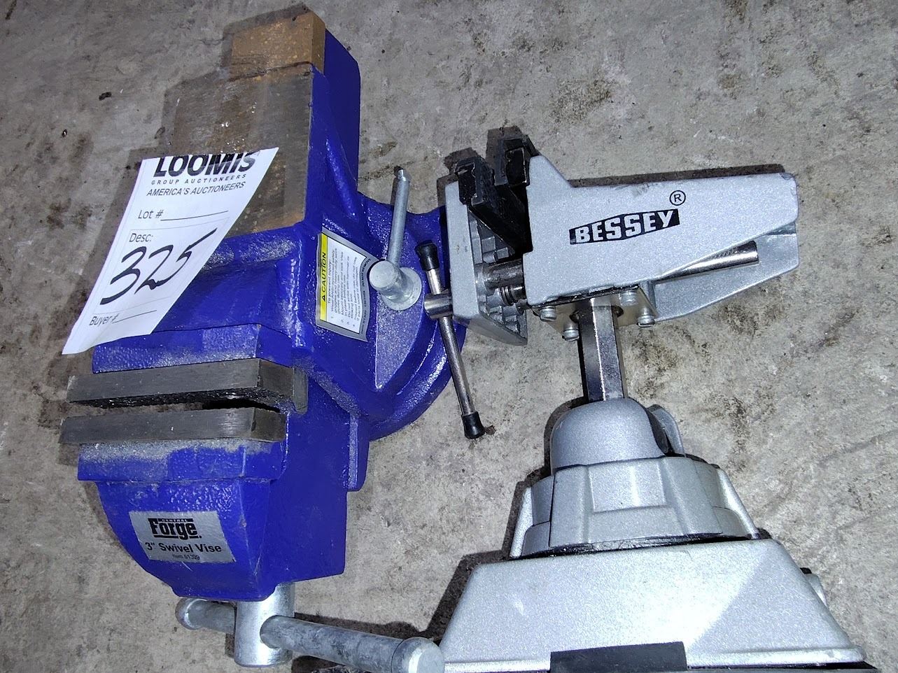 SET OF 2 LIKE NEW VISES & 3" CENTRAL FORGE SWIVEL AND BESSEY SUCTION VISE