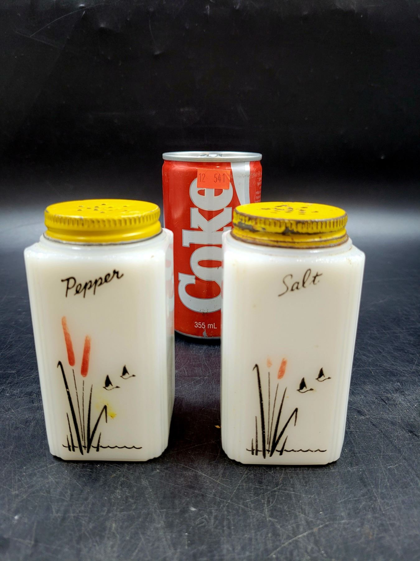 Vintage Milk Glass Salt and Pepper Shakers Yellow Caps