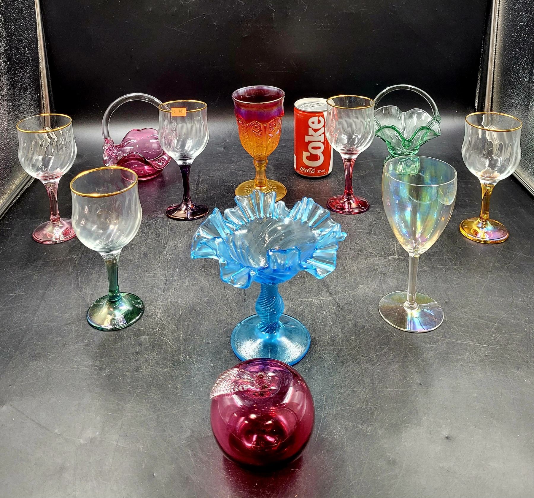 Vintage Colored Glass Glasses/Paperweight and Fluted Dishes