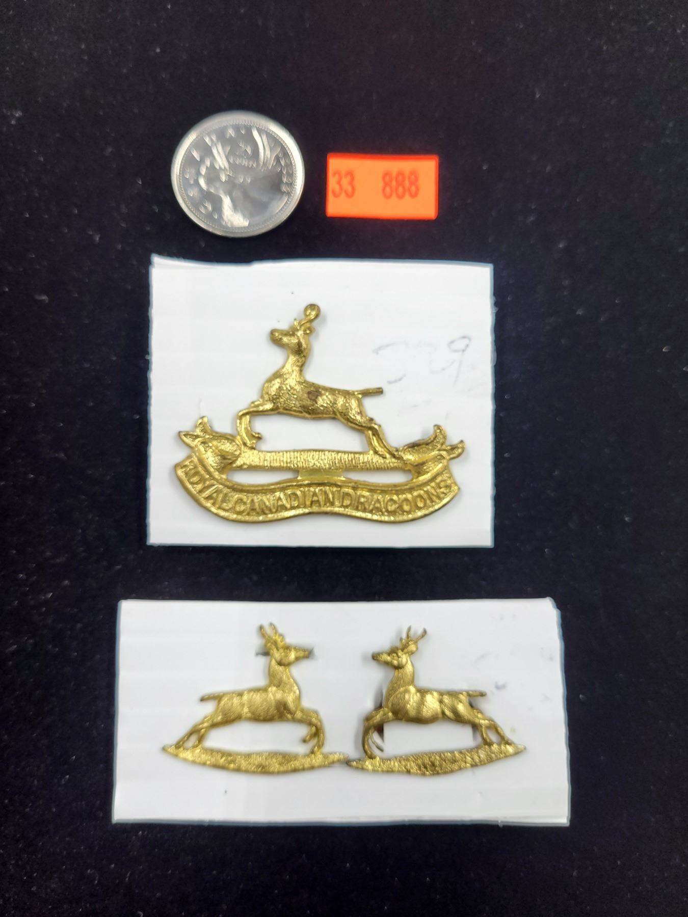 WW2 (RCD) Royal Canadian Dragoons Collar Badge Pair & Large RCD Badge